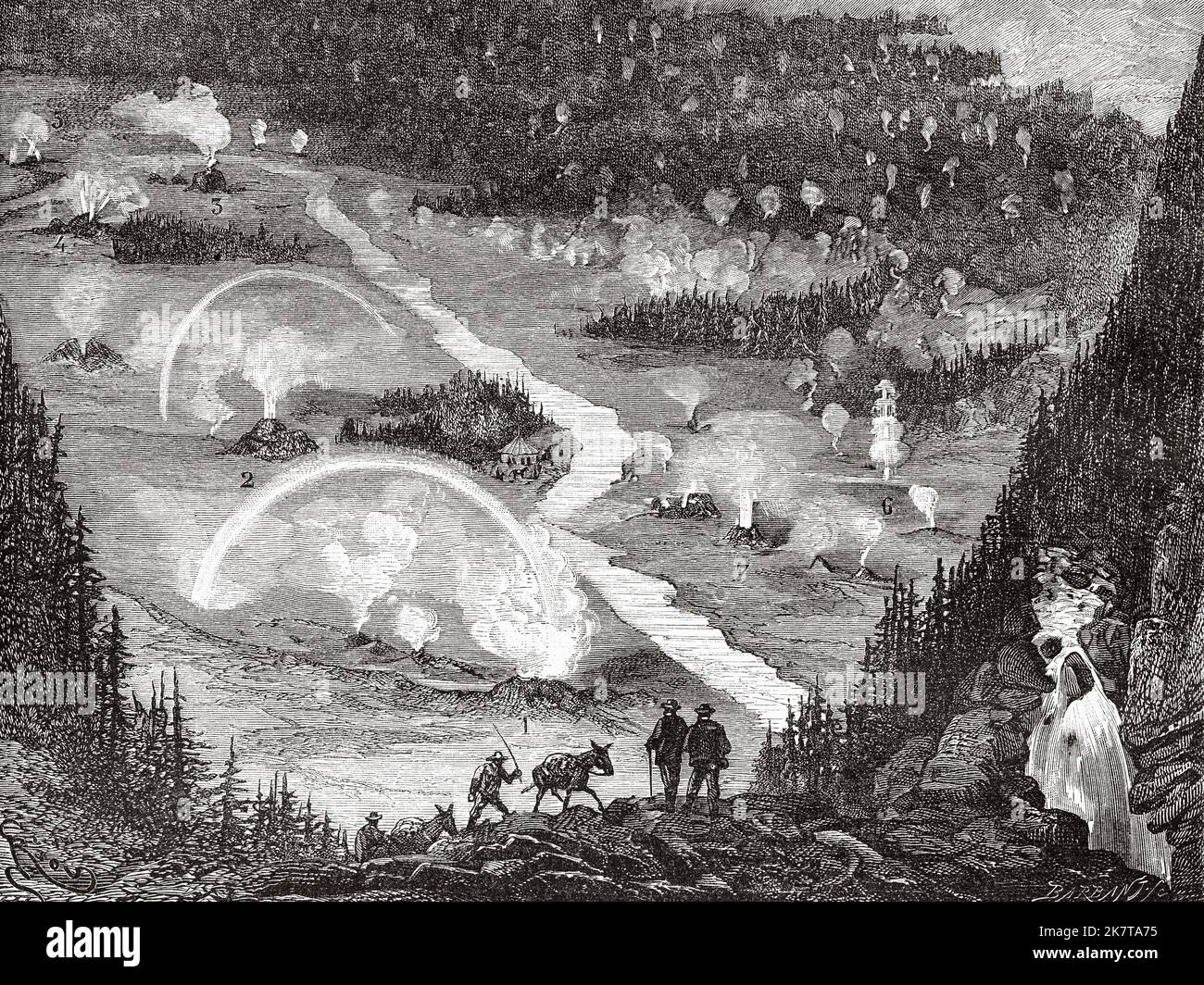 Panorama des Firehole Valley in Yellowstone: 1 Old Faithful, 2 Castle ...