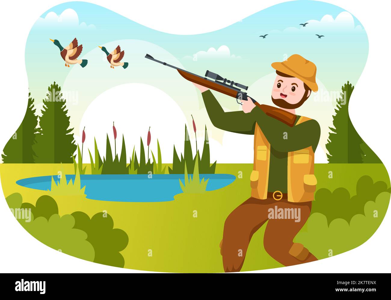 Jäger mit Jagdgewehr oder Waffe Schießen auf Vögel oder Tiere im Wald ...
