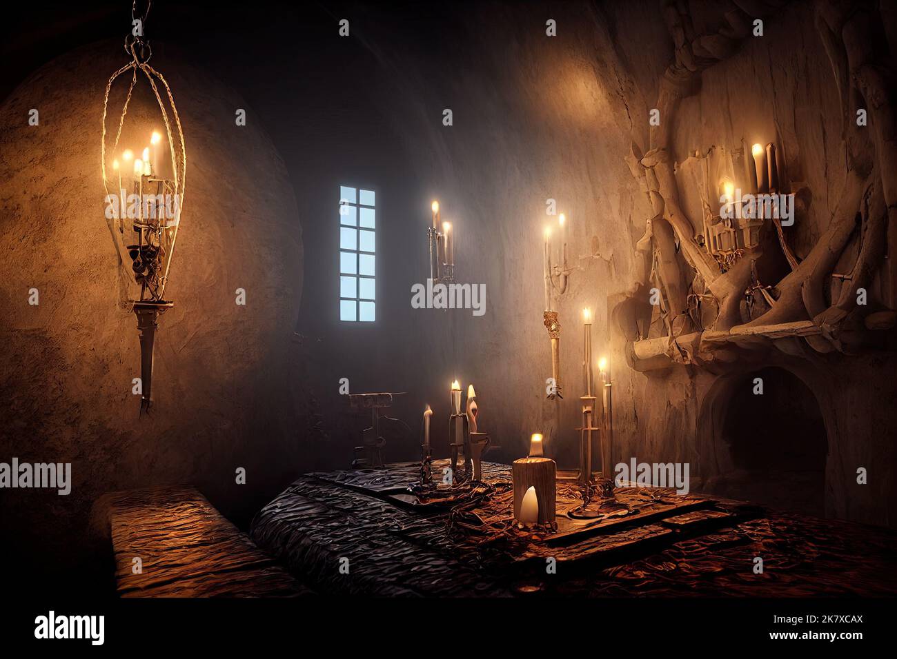 Dracula Schloss Zelle Innenraum mit Ketten von Kerzenständern im Horror ...