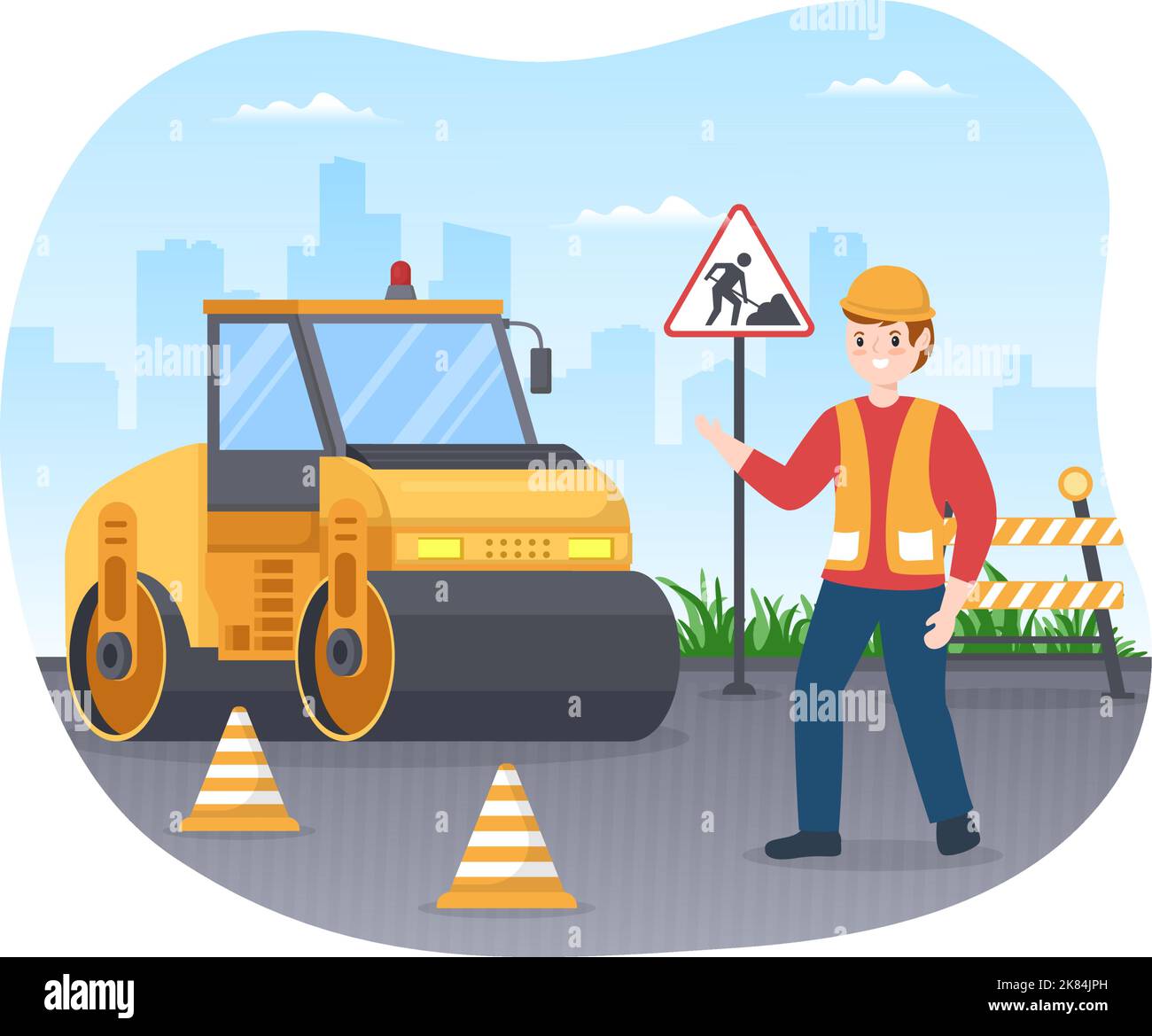 Straßenbau und Straßenwartung Arbeiter arbeiten auf Asphalt Straßen mit ...