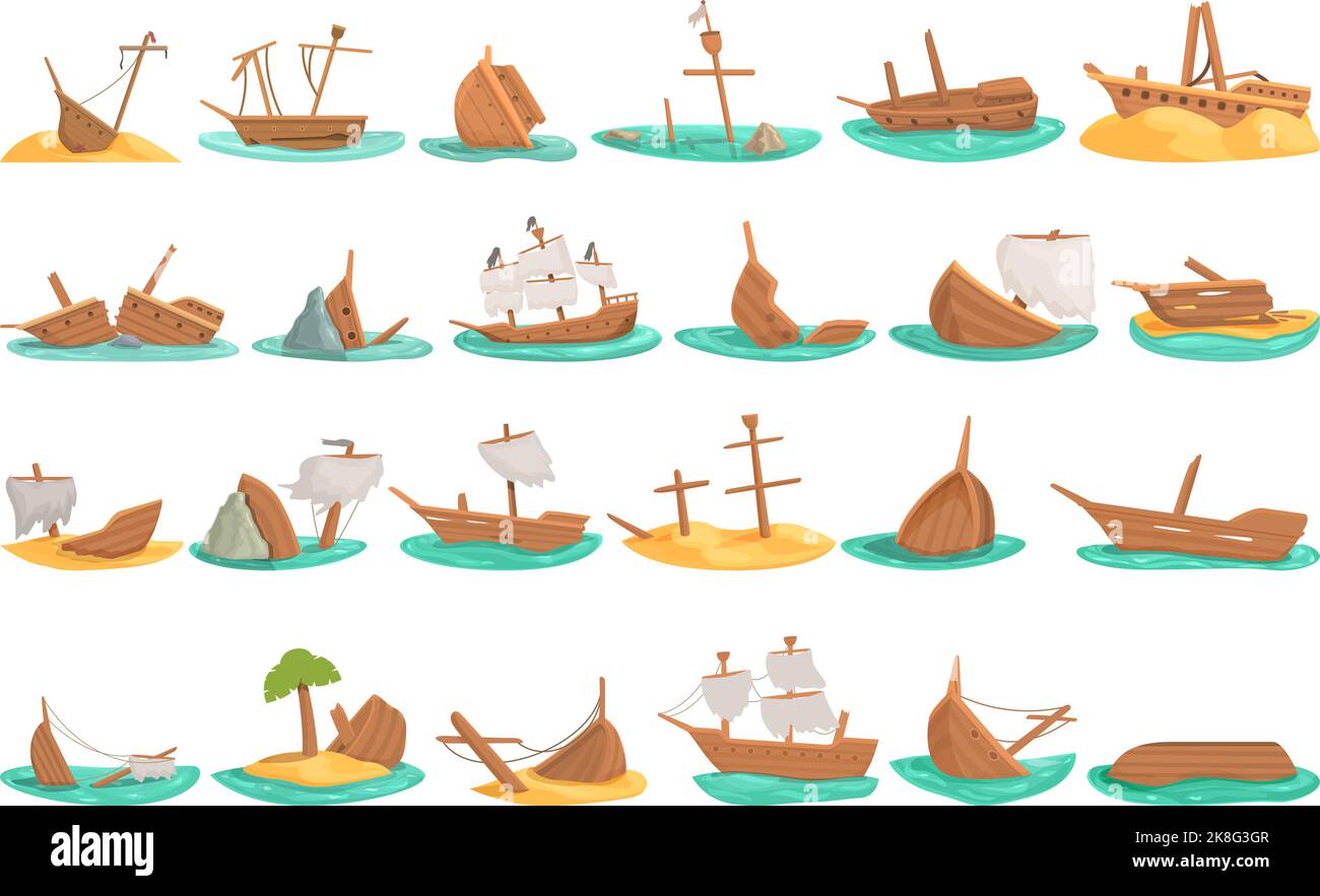 Schiffswrack-Symbole setzen Cartoon-Vektor. Meerinsel. Strandboot Stock ...