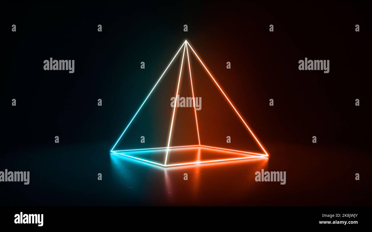 Farbige neon leuchtende Pyramide stehen in der Dunkelheit, 3D Rendering ...