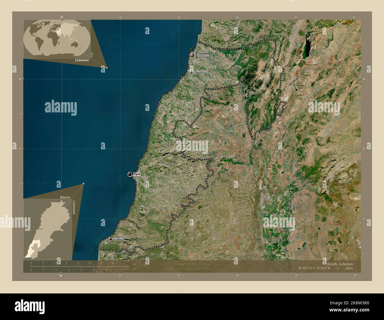 Süden, Gouvernement des Libanon. Hochauflösende Satellitenkarte. Orte ...