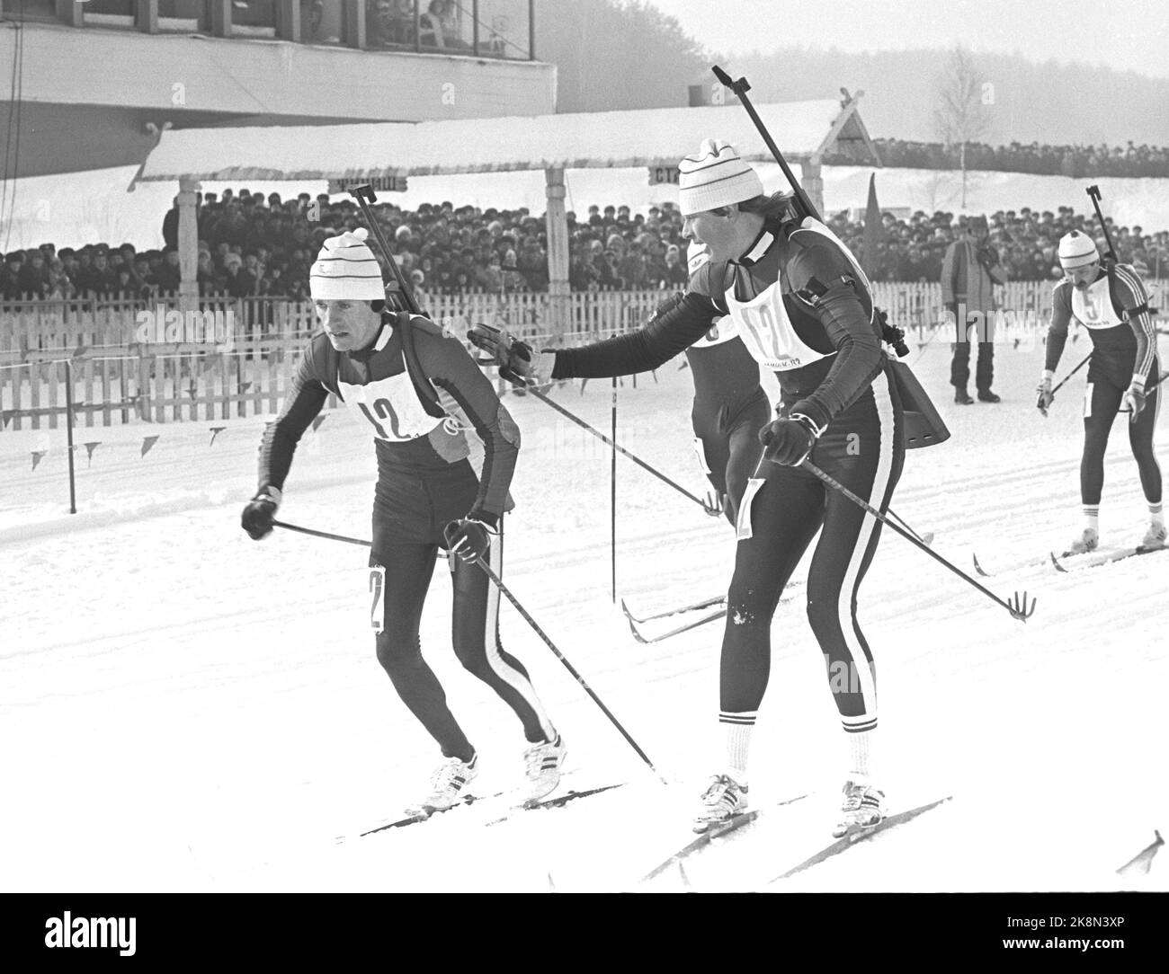 Minsk, weißes Russland 19820214. WM-Biathlon 1982 in Minsk. Relais. Die ...