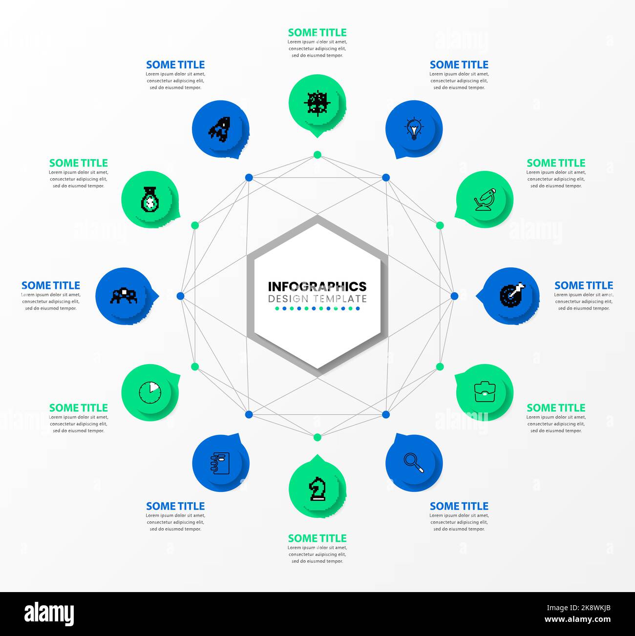Infografik-Vorlage mit Symbolen und 12 Optionen oder Schritten ...