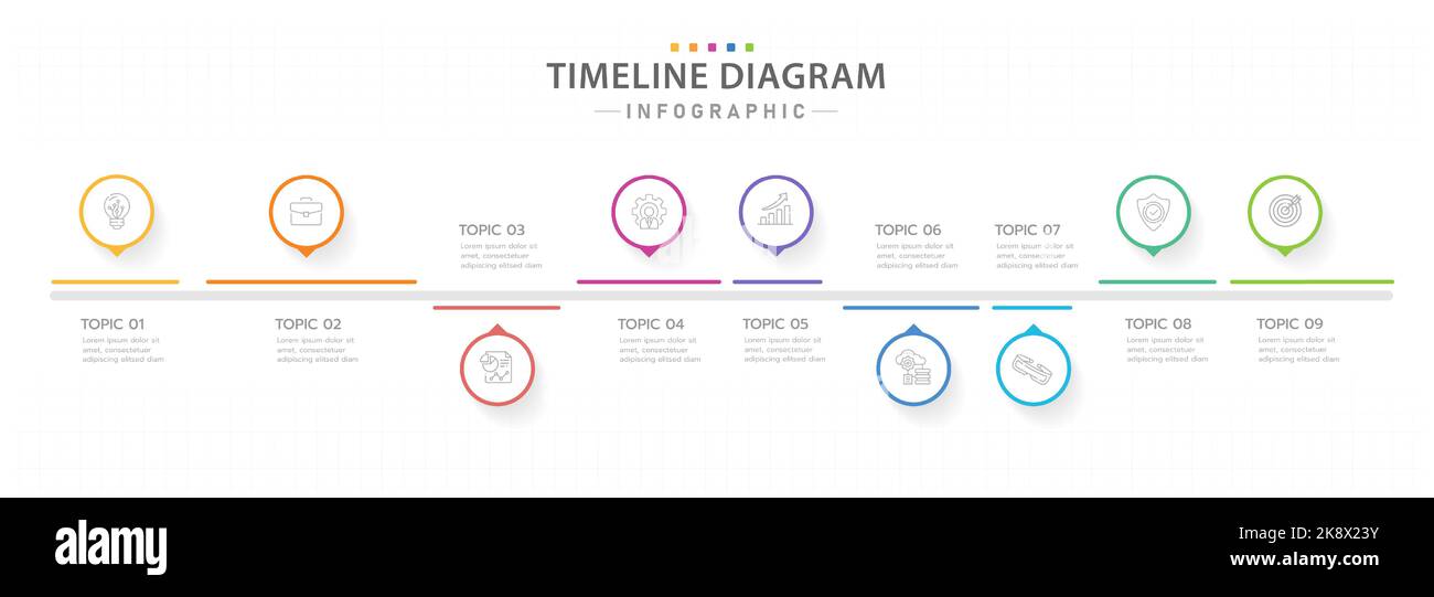Infografik-Vorlage für Unternehmen. 9 Schritte moderner Timeline ...