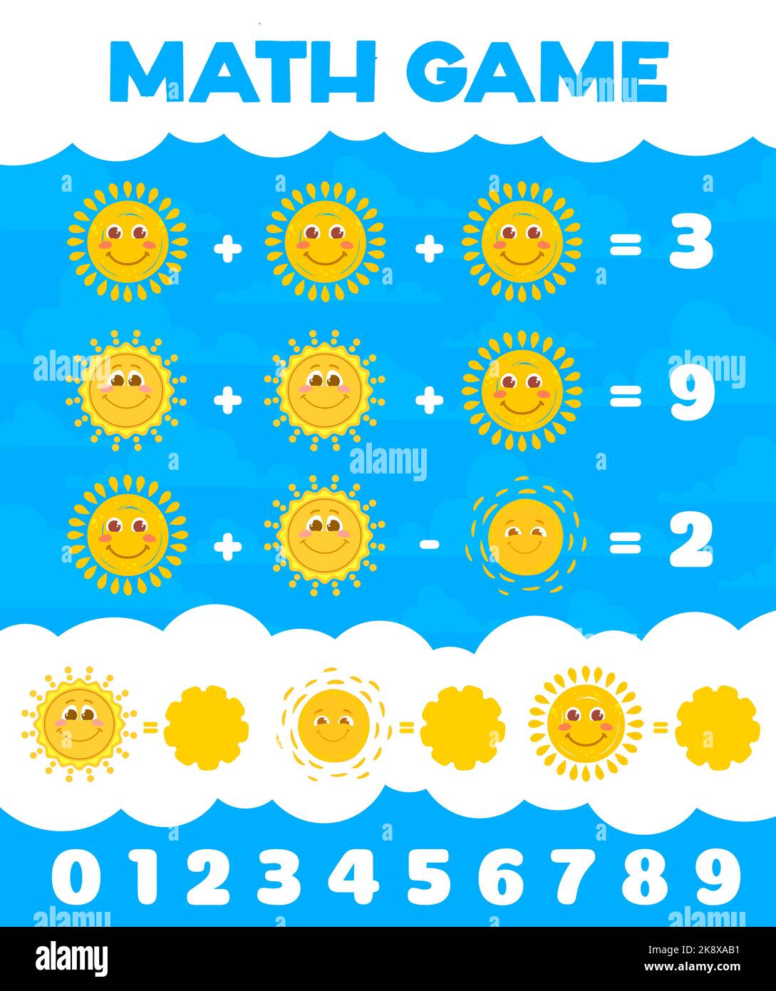 Arbeitsblatt für mathematische Spiele. Cartoon Sonne Figuren und Himmel ...