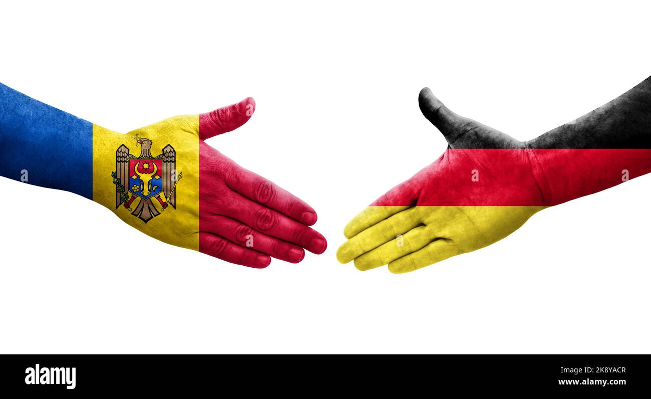 Handschlag zwischen Deutschland und Moldawien Flaggen auf Händen gemalt ...