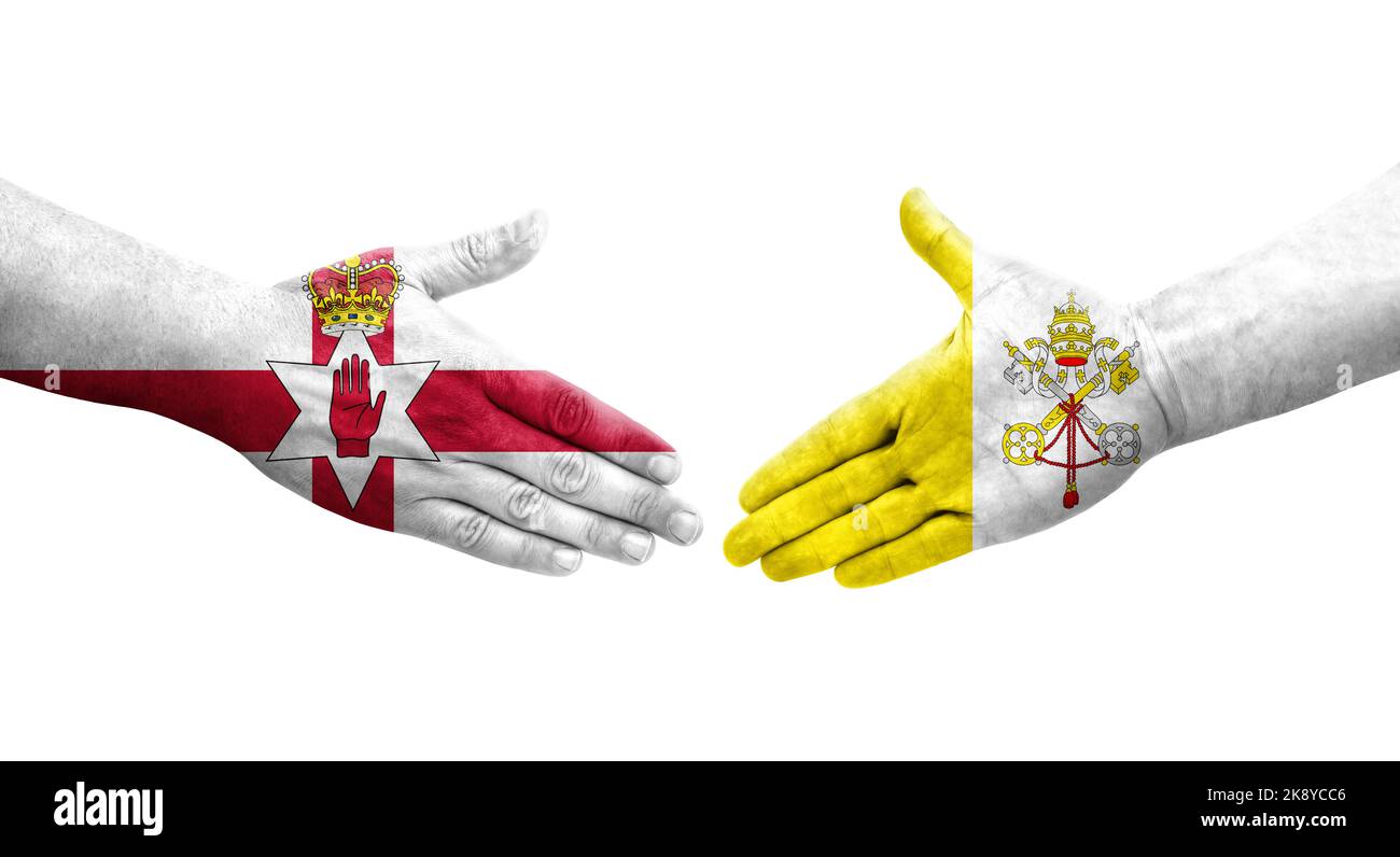 Handschlag zwischen dem Heiligen Stuhl und nordirischen Flaggen auf ...