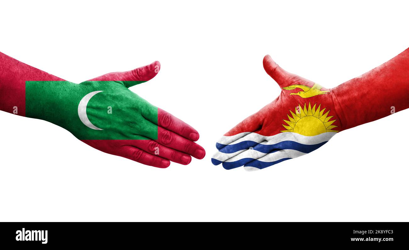 Handschlag zwischen Kiribati und Malediven Flaggen auf Händen gemalt ...