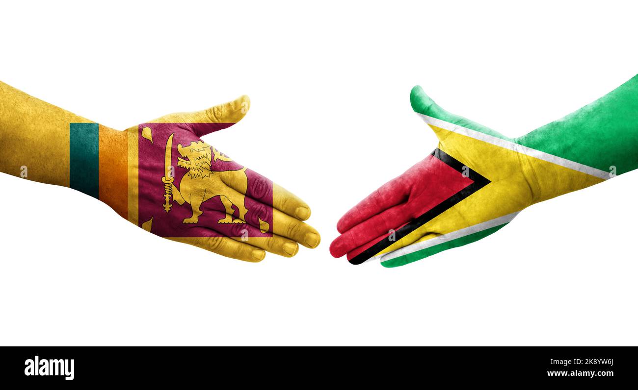 Handschlag zwischen Sri Lanka und Guyana Flaggen auf Händen gemalt ...