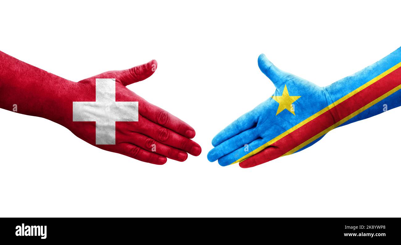 Handschlag zwischen der Schweiz und der DR Kongo Flaggen auf Händen ...