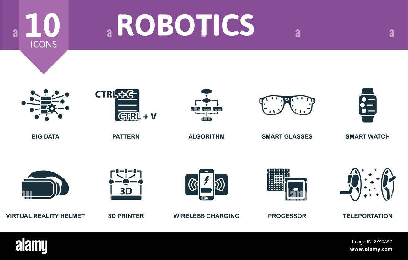 Robotik-Symbolsatz. Monochrom Simple Robotics Icon Kollektion. Big Data ...