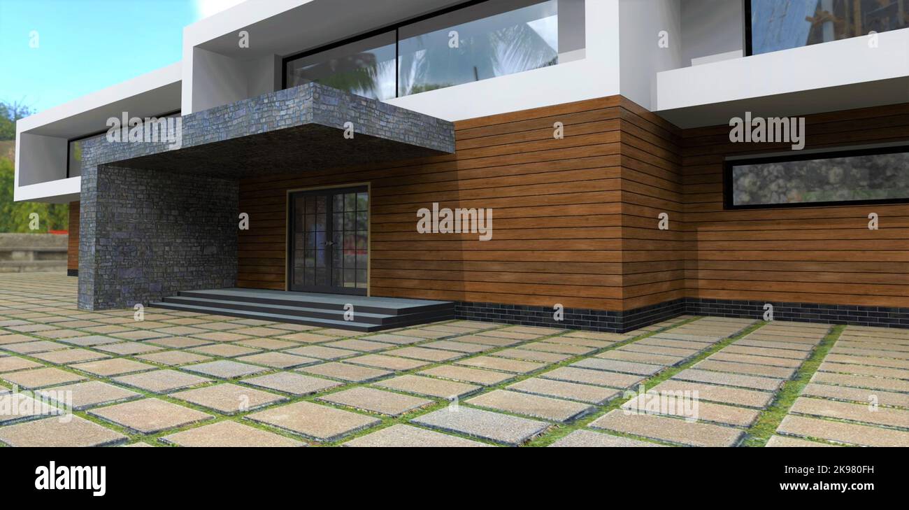 Die Veranda eines modernen Landhauses mit einer Fassadenplatte fertig ...