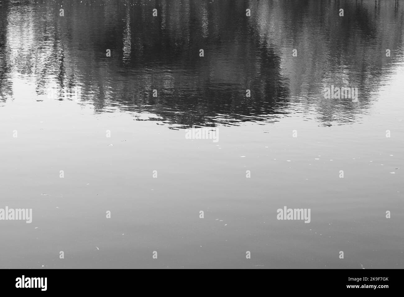 Herbstblätter und Bäume, die sich im flachen Wasser des örtlichen ...