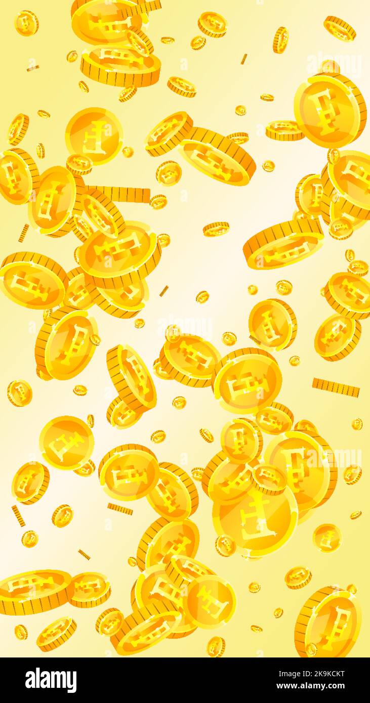 Schweizer Franken-Münzen fallen. Gold verstreute CHF-Münzen. Geld aus ...