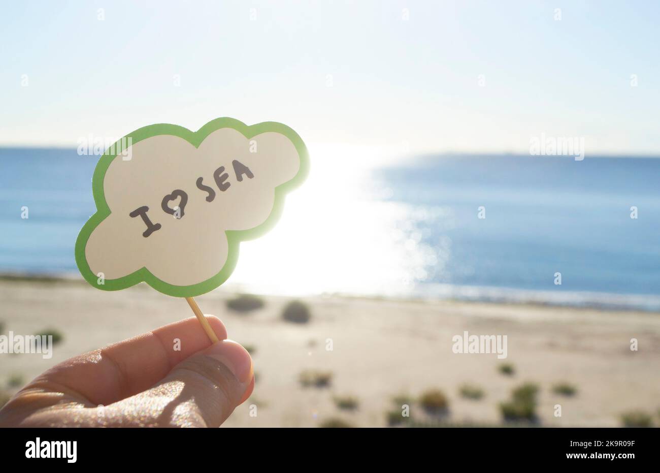 Halten Sie sich an Papier Sprechblase mit Worten Ich liebe Meer auf dem ...