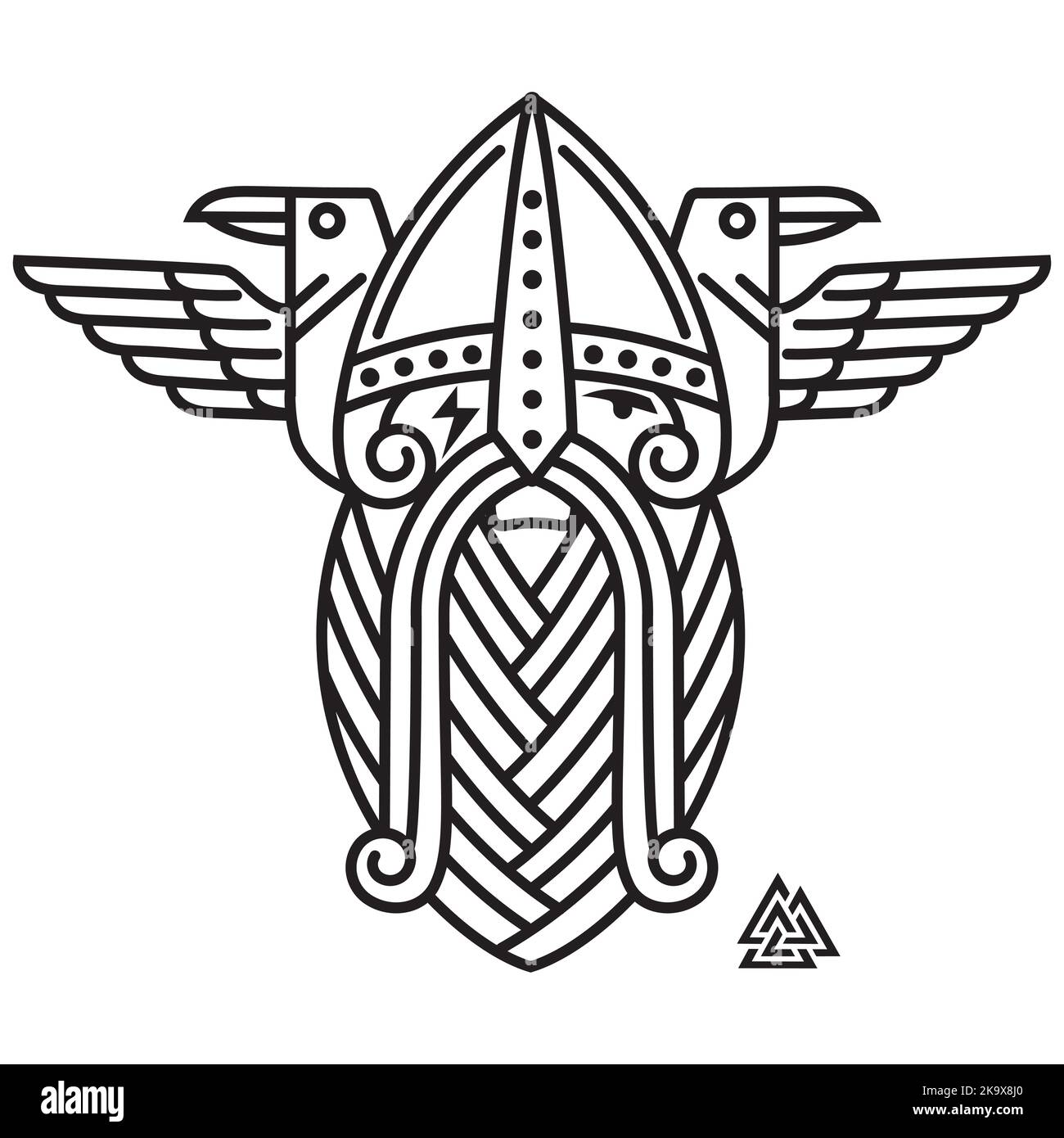Gott Odin und zwei Raben. Illustration der nordischen Mythologie Stock ...