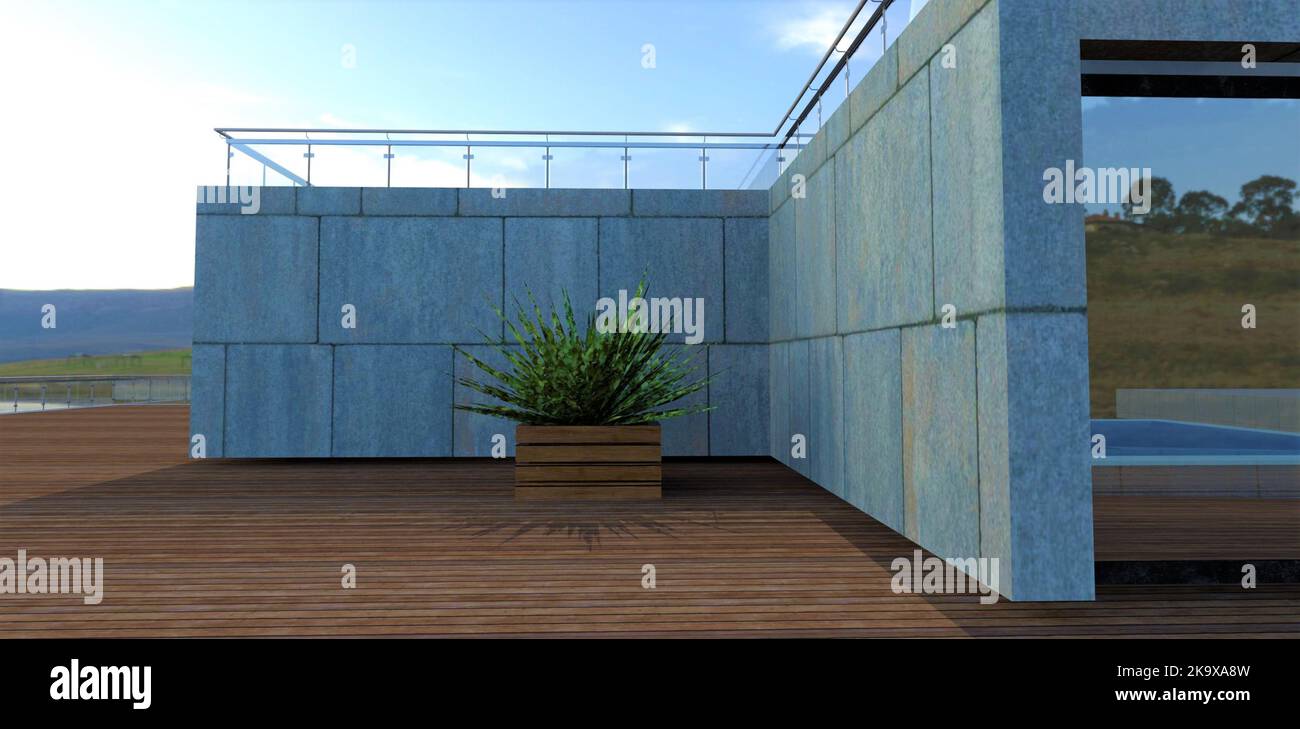 Eine Box mit einem gelb-grünen Busch auf einer Holzterrasse eines neu ...