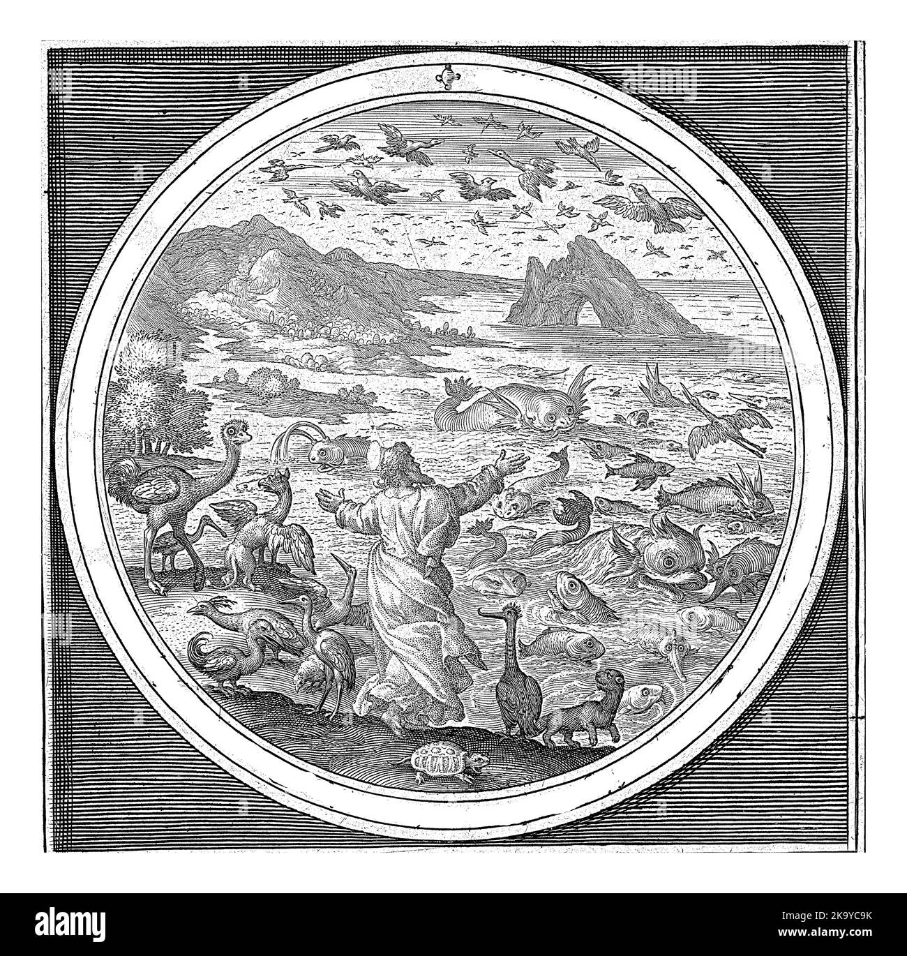 Fünfter Schöpfungstag: Gott erschafft Fische und Vögel, Nicolaes de Bruyn, nach Maerten de Vos ...
