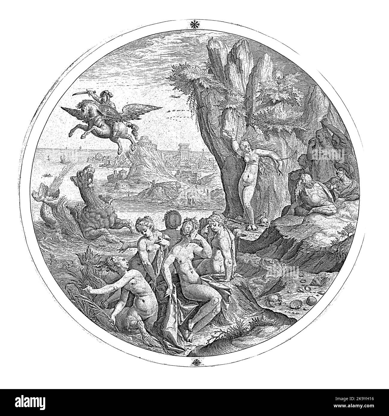 Runde Darstellung von Perseus, der auf ein geflügeltes Pferd rauscht ...