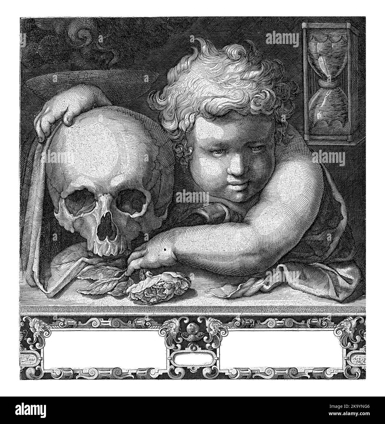Vanitas Allegorie mit einem Kind, das sich auf einen Schädel lehnt ...