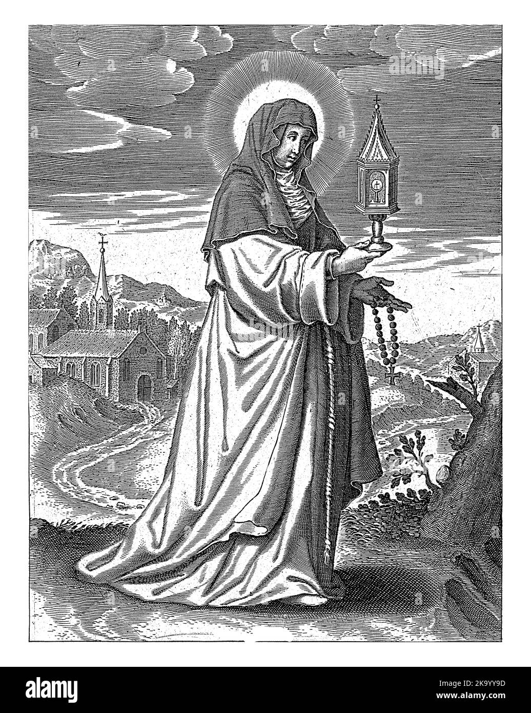 Heilige Klara mit Monstranz und Rosenkranz in der Hand. Hinter ihr eine ...