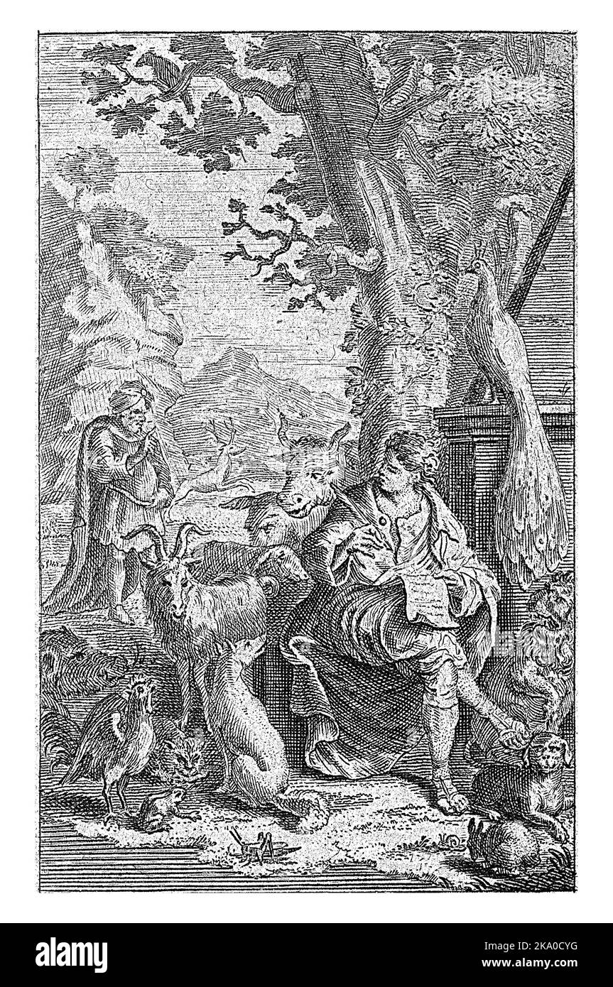 Der junge Aesop sitzt unter einem Baum, der von allen Arten von Tieren ...