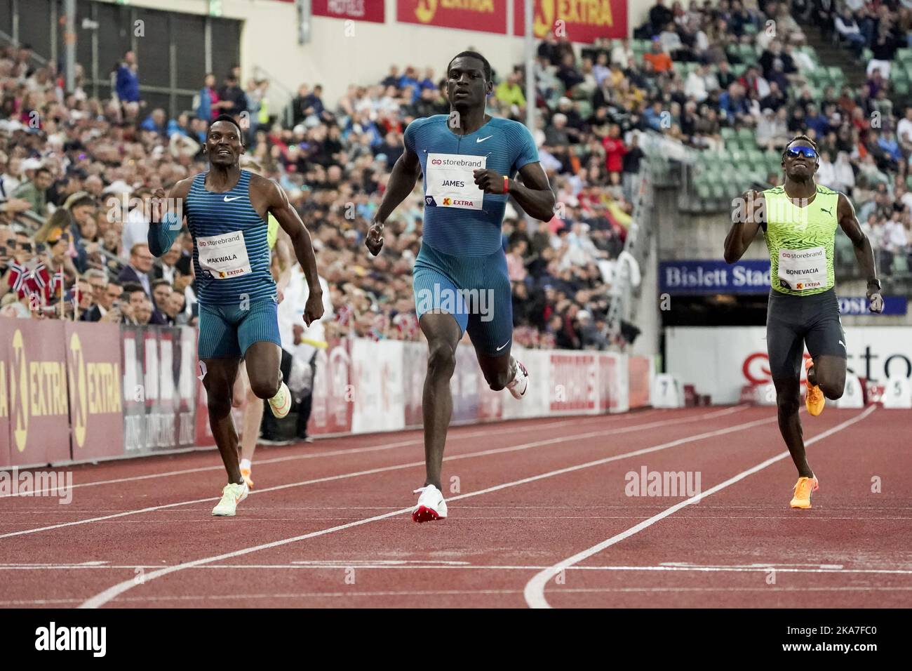 Oslo 20220616. Isaac Makwala aus Botswana, Kirani James aus Grenada und ...