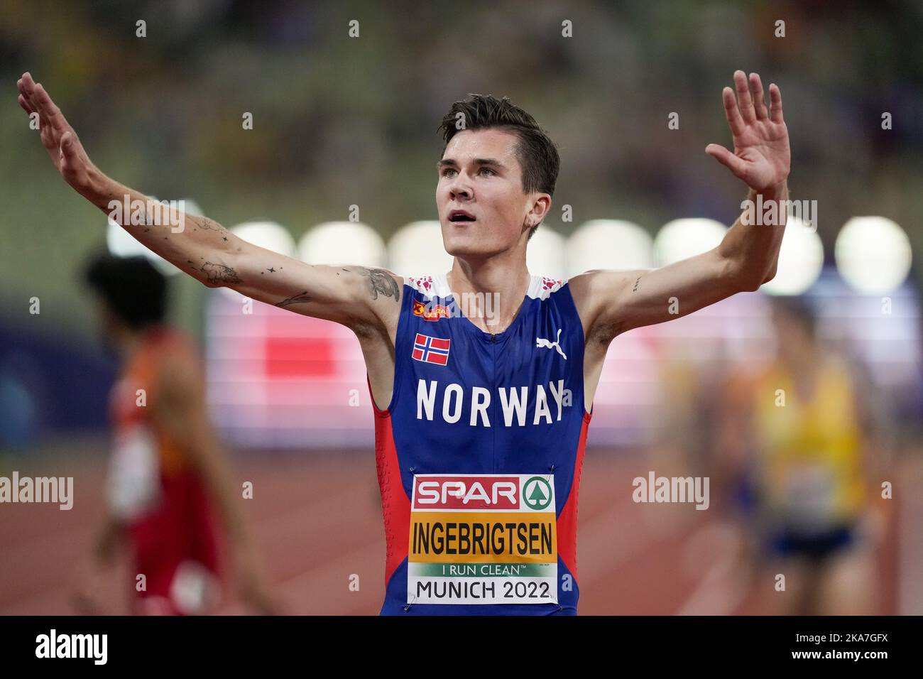 München, Deutschland 20220816. Jakob Ingebrigtsen aus Norwegen feiert ...
