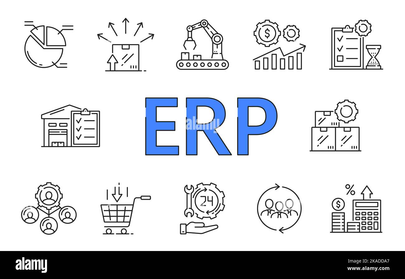 ERP. Infografiken zur Planung von Unternehmensressourcen. Symbole für ...
