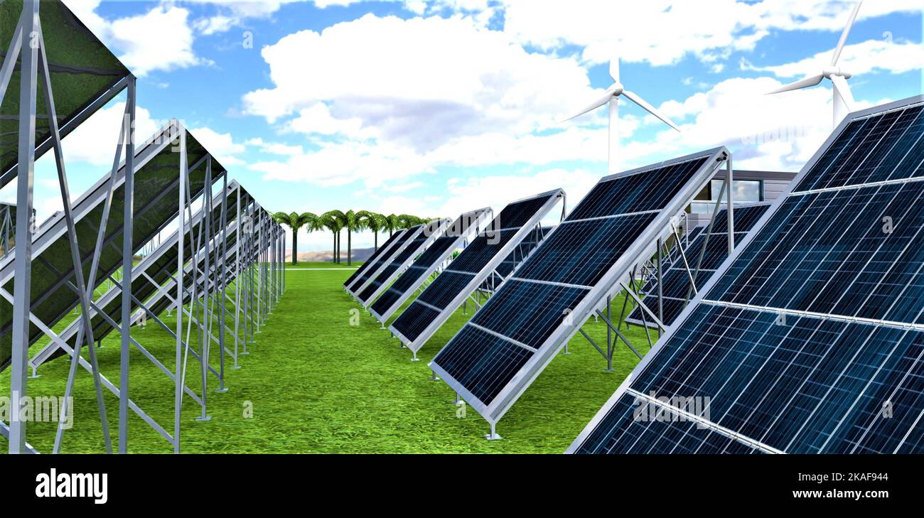 Gehweg zwischen Reihen von Solarpaneelen mit Stahlrahmen, die auf dem ...