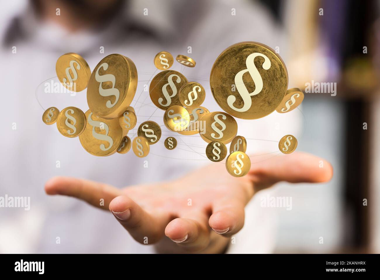 Ein Mann, der 3D gerenderte Paragraph Law Zeichen Symbole über seiner ...