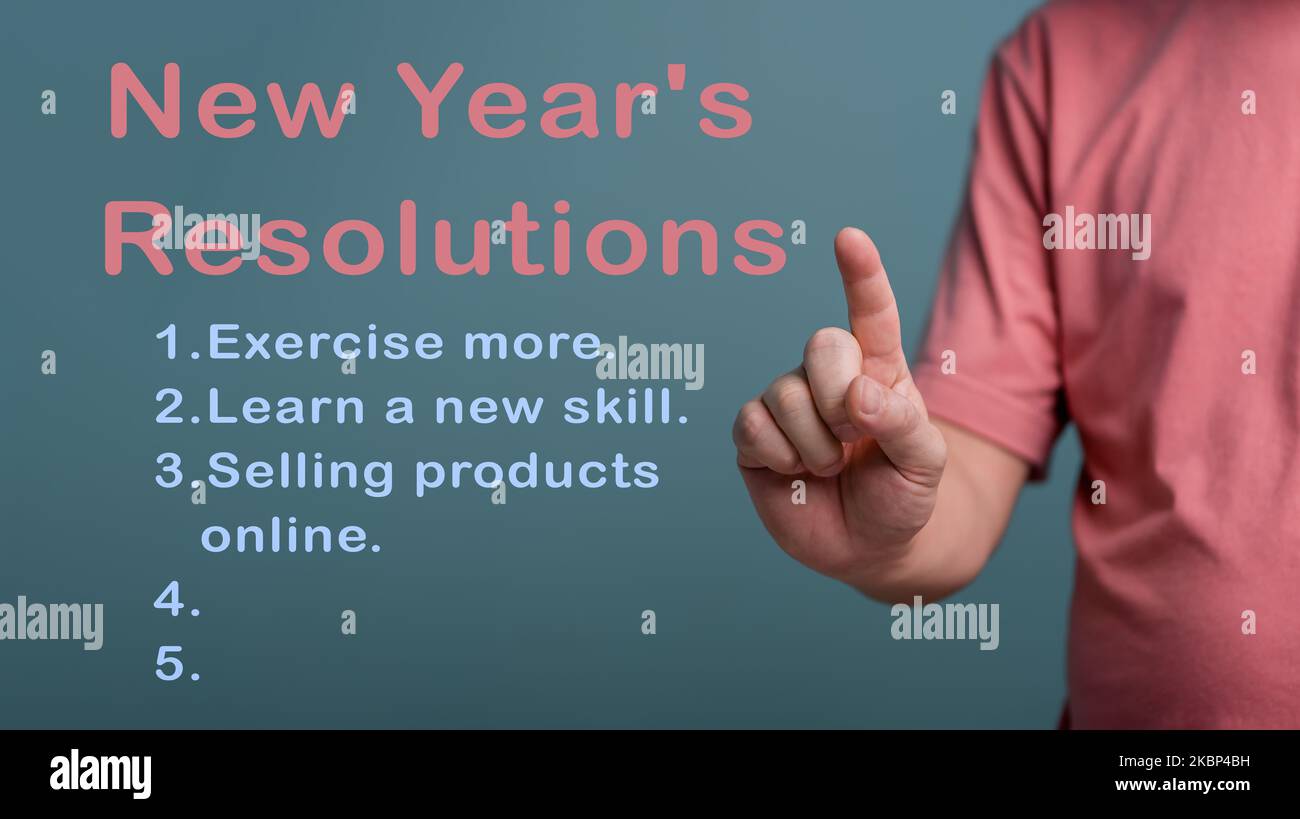 2023 Happy New Year Resolution Goal List, Hand zeigt auf Plan-Liste der ...