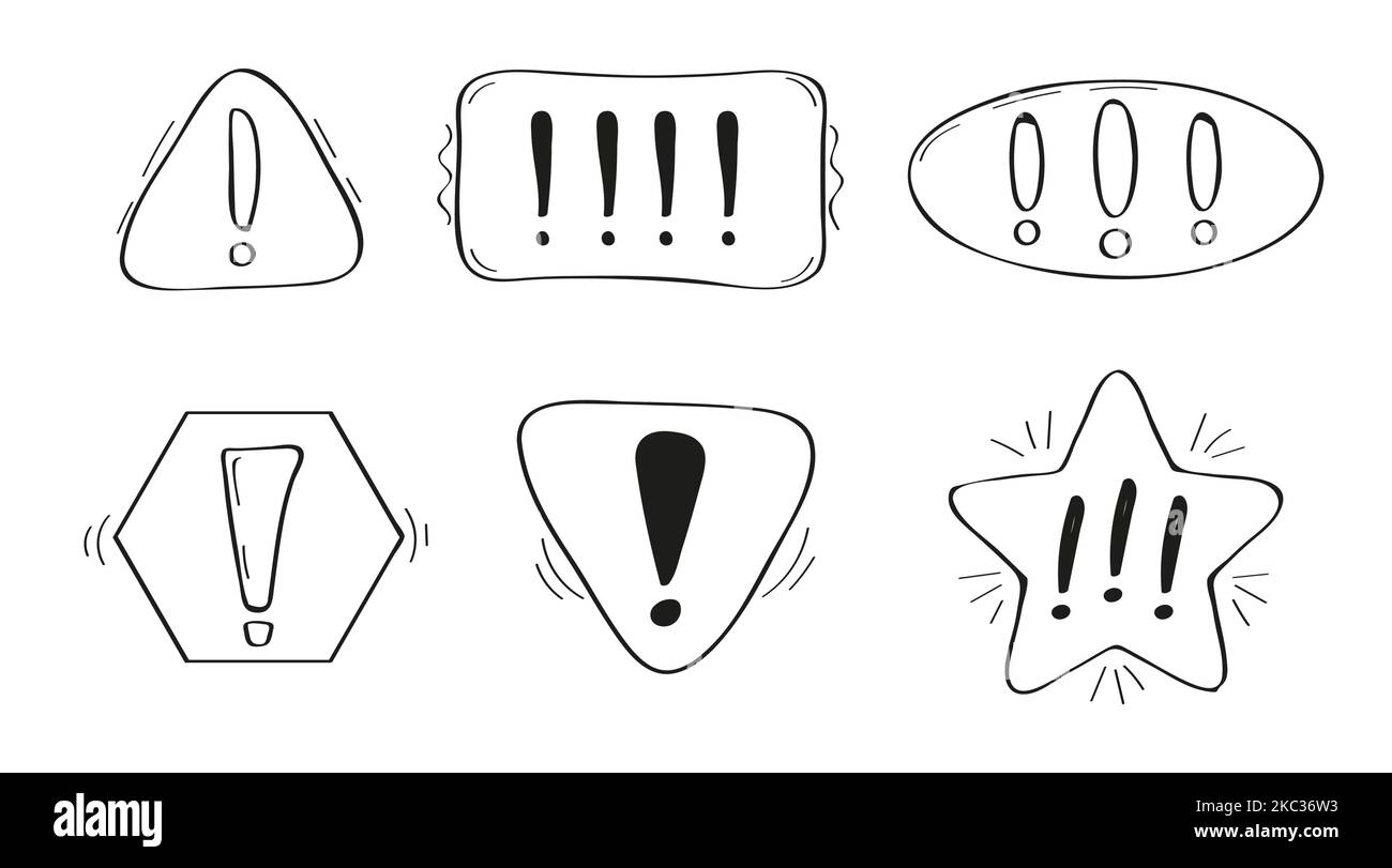 Ausrufezeichen im Doodle-Stil. Satz linearer Banner mit Ausrufezeichen ...