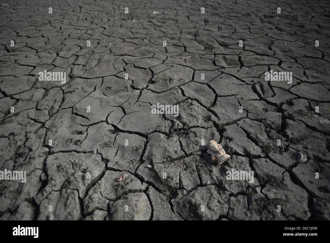 Eine Statue von lord Ganesh, die am Freitag, den 15. Januar 2021, um den ausgetrockneten Teich ...