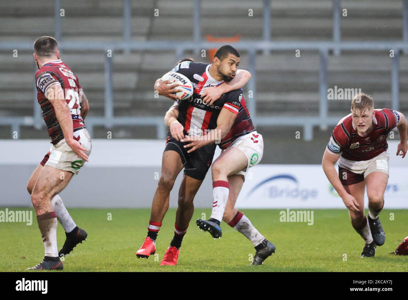 Kallum Watkins von Salford Red Devils wird am 14.. März 2021 während ...