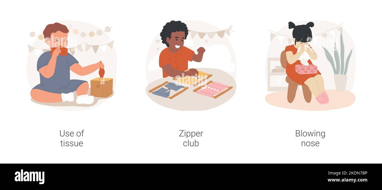 Selfcare Entwicklung in Montessori-Methode isoliert Cartoon-Vektor ...