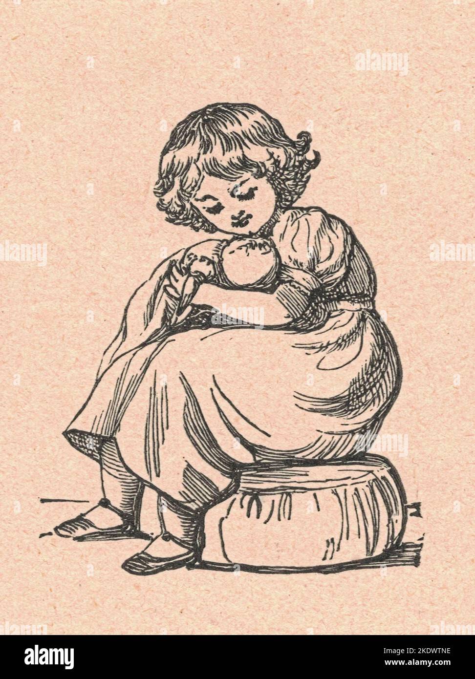 Schwarze & weiße antike Illustration zeigt das Mädchen und ihre Puppe ...