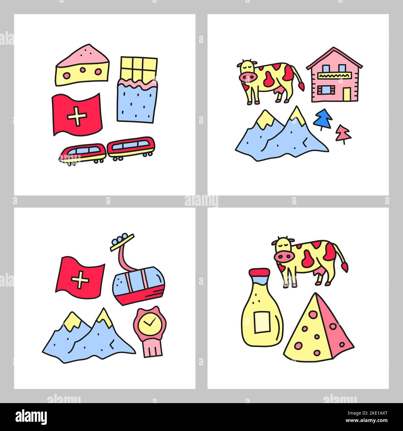 Reisesymbole in der Schweiz, darunter Käse, Schokolade, Seilbahn, Zug ...