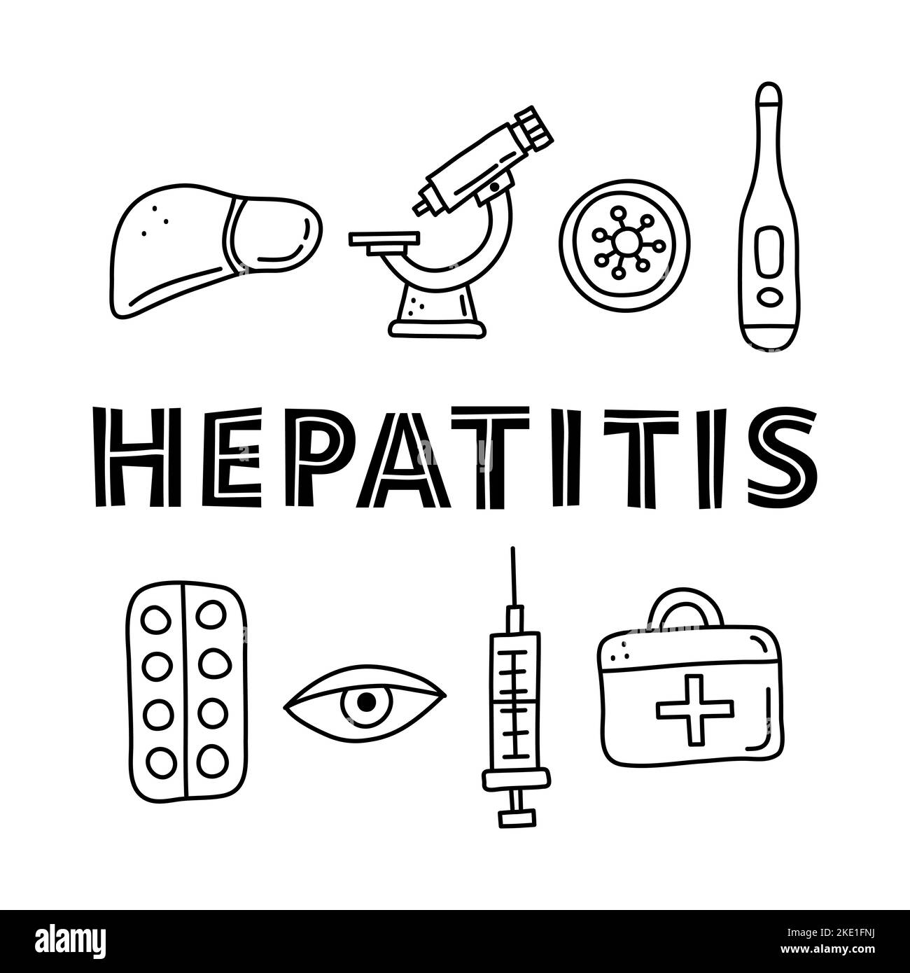 Poster mit Schriftzug und Doodle umreißt medizinische Hepatitis-Symbole ...