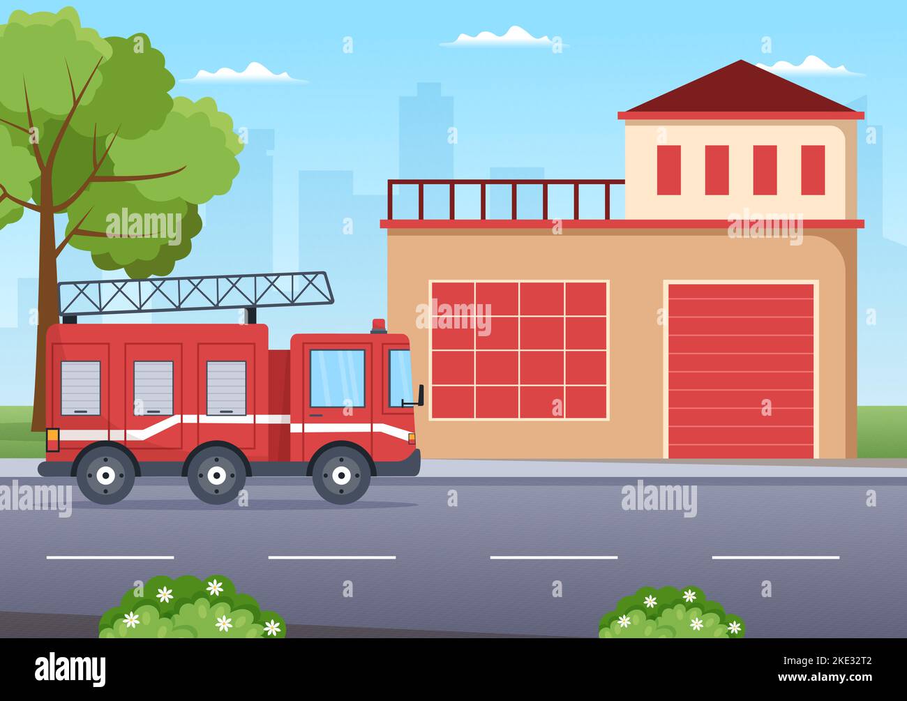 Feuerwehr mit Feuerwehrleuten, die Haus, Wald löschen und Menschen in ...