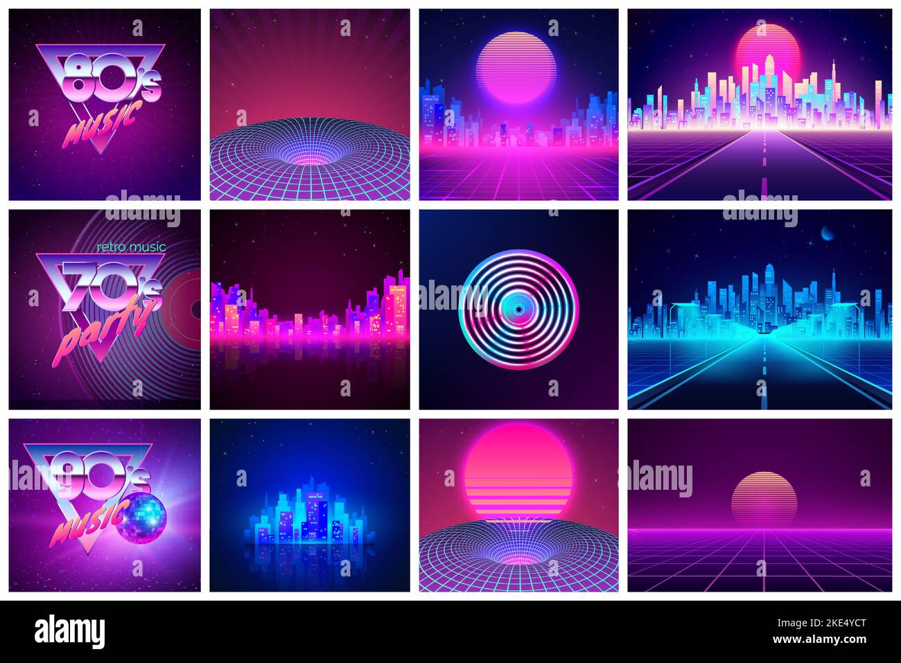 Retro-Banner im Stil von 80s in Neonfarben. Sci-Fi futuristische Landschaft. Vektorgrafik Stock ...