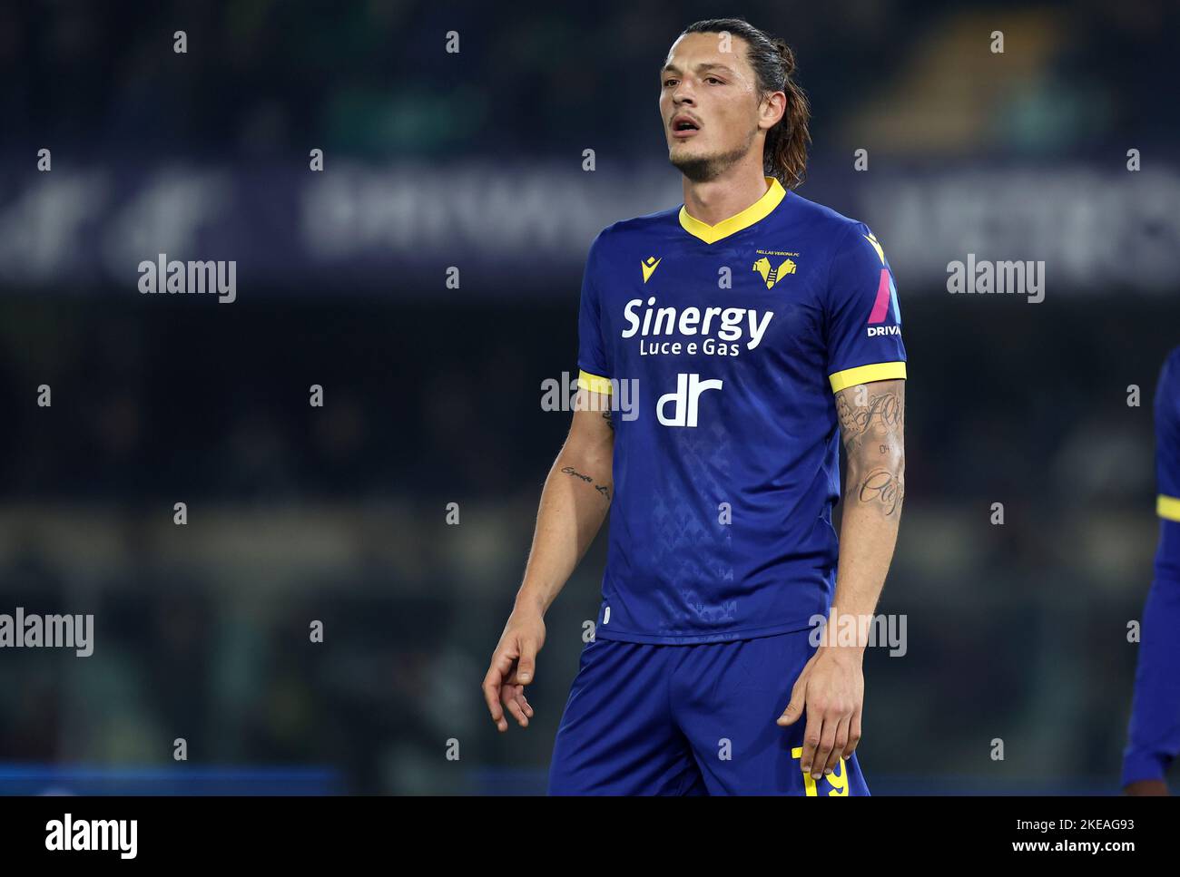 Milan Duric von Hellas Verona FC schaut während des Serie-A-Spiels ...