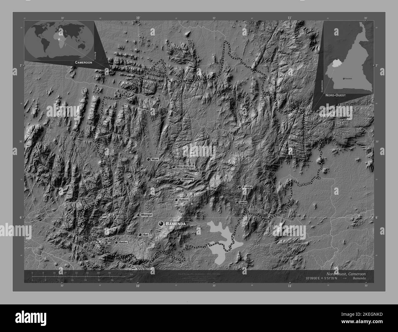 Nord-Ouest, Region Kamerun. Bilevel-Höhenkarte mit Seen und Flüssen ...