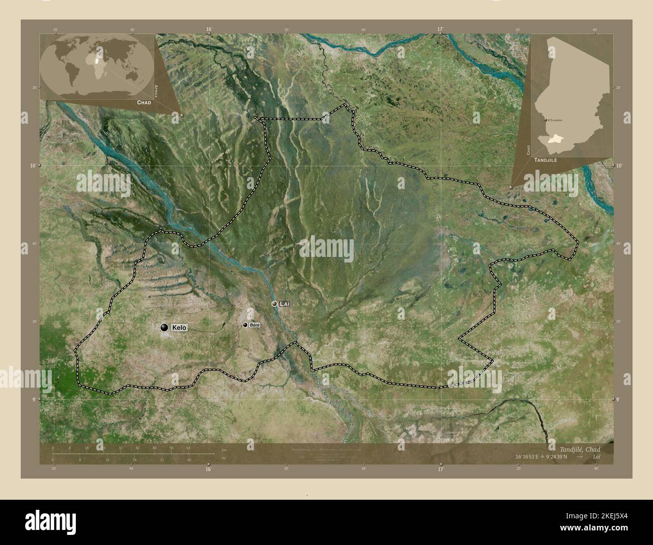 Tandjile, Region des Tschad. Hochauflösende Satellitenkarte. Orte und ...