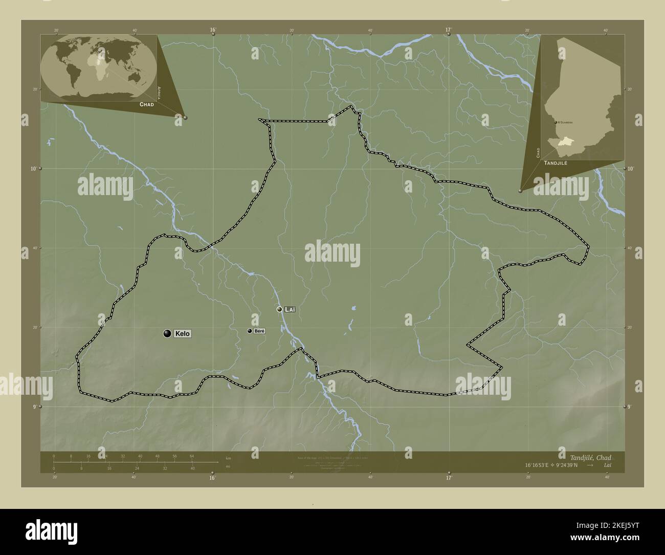 Tandjile, Region des Tschad. Höhenkarte im Wiki-Stil mit Seen und ...