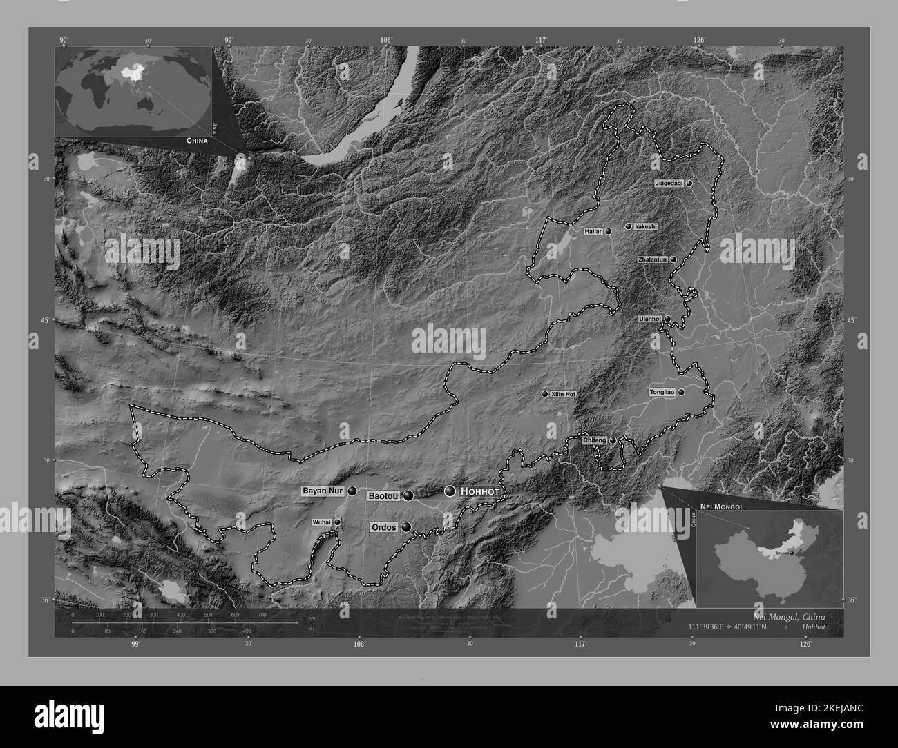 Nei Mongol, autonome Region Chinas. Bilevel-Höhenkarte mit Seen und ...