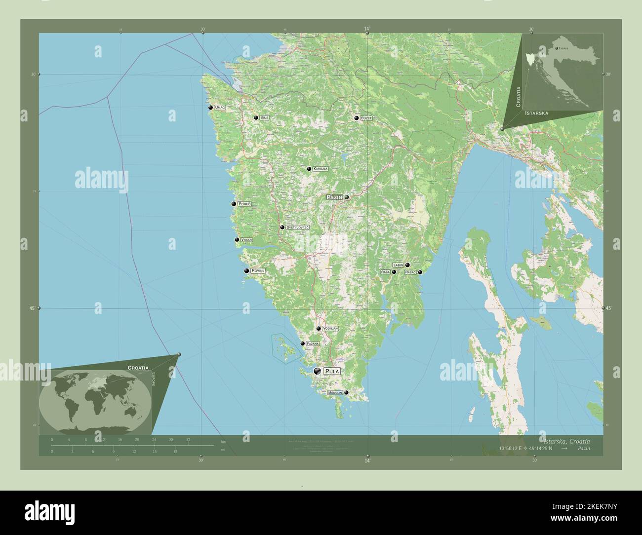 Istarska, Grafschaft Kroatien. Öffnen Sie Die Straßenkarte. Orte und ...