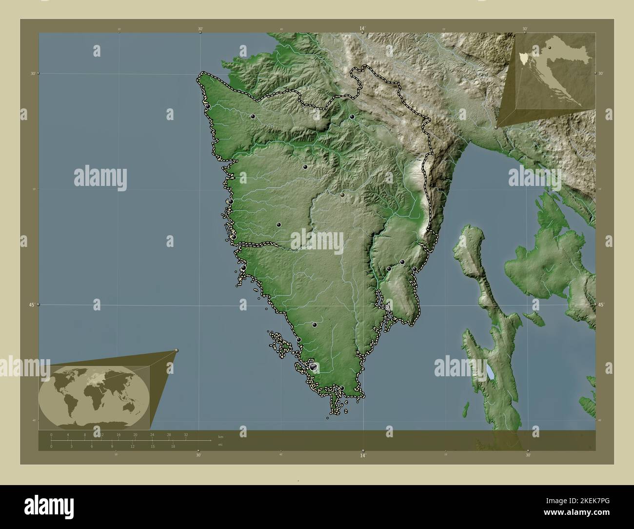 Istarska, Grafschaft Kroatien. Höhenkarte im Wiki-Stil mit Seen und ...